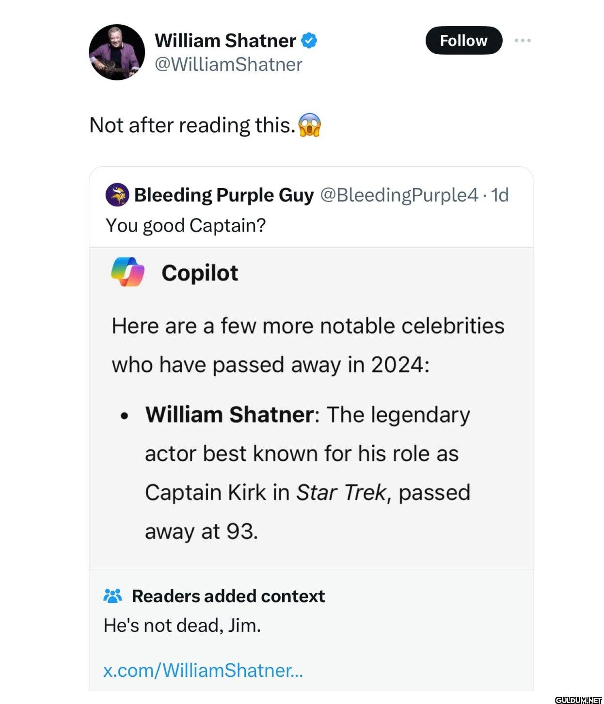 Just glad AI was wrong... William Shatner @William Shatner Not after reading this. Follow 000 ...