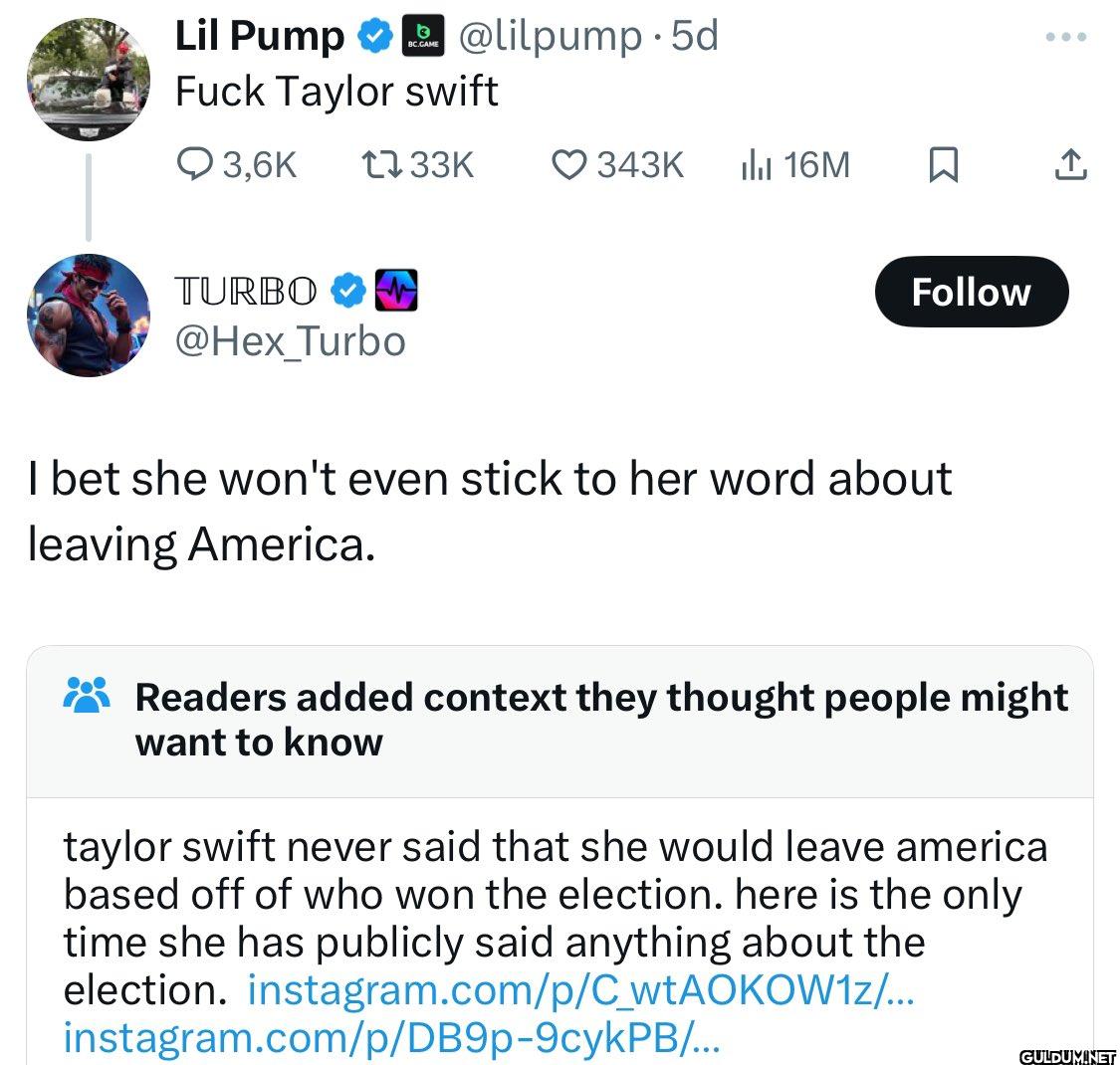 Lil Pump Fuck Taylor swift 3,6K TURBO 1733K 343K ılı 16M @Hex Turbo Follow ... I bet she won ...