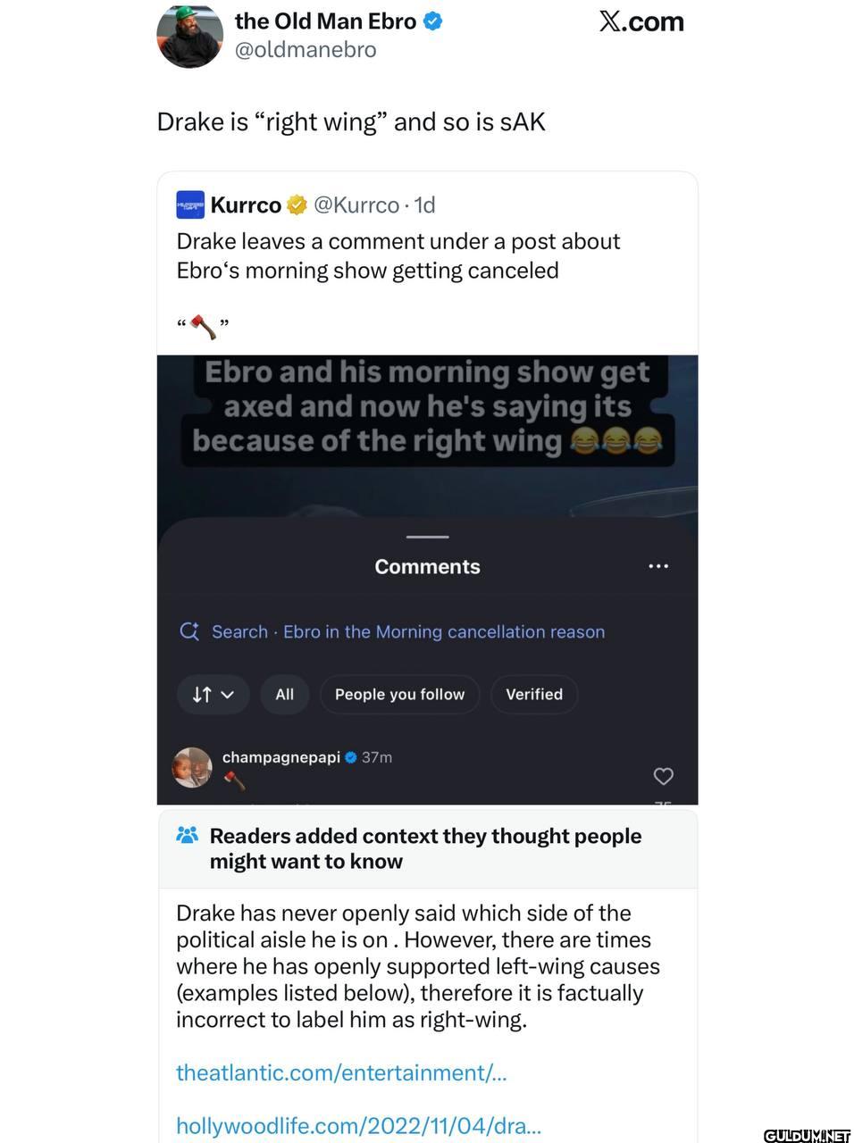 Drake is "right wing" and so is SAK X.com Kurrco @Kurrco. 1d Drake ...