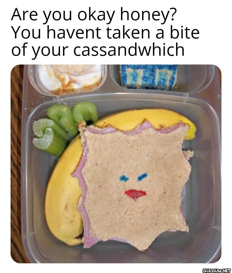 Are you okay honey? You havent taken a bite of your cassandwhich ...