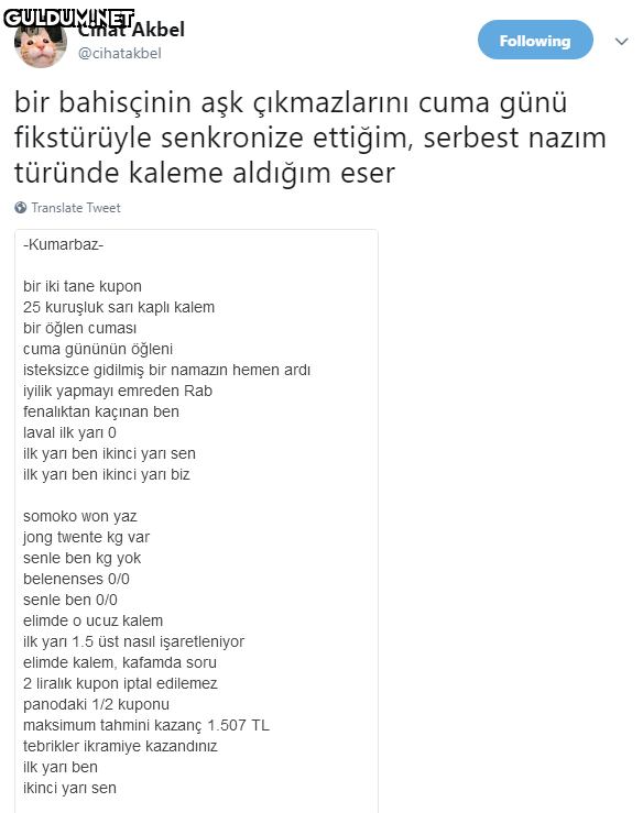 Cihat Akbel Following @cihatakbel bir bahisçinin aşk çıkmazlarını cuma ...