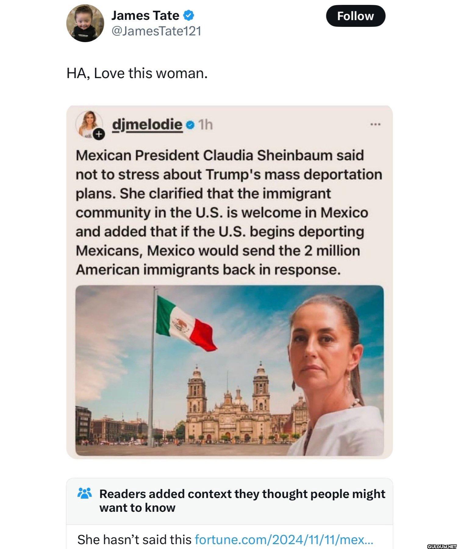 HA, Love this woman. djmelodie ⚫ 1h Mexican President Claudia Sheinbaum ...