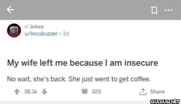 r/Jokes u/Incubuzzer 3d ם My wife left me because I am insecure No wait ...