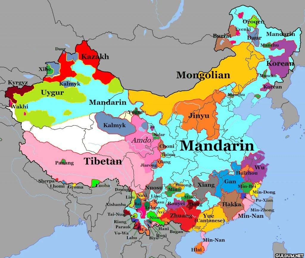 Language map of China Xibe Daug Kyrgyz Kalmyk Uygur Wakhi Kazakh ...