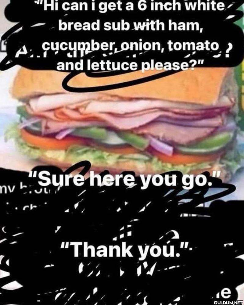 "Hi can i get a 6 inch white bread sub with ham, A cucumber, onion ...