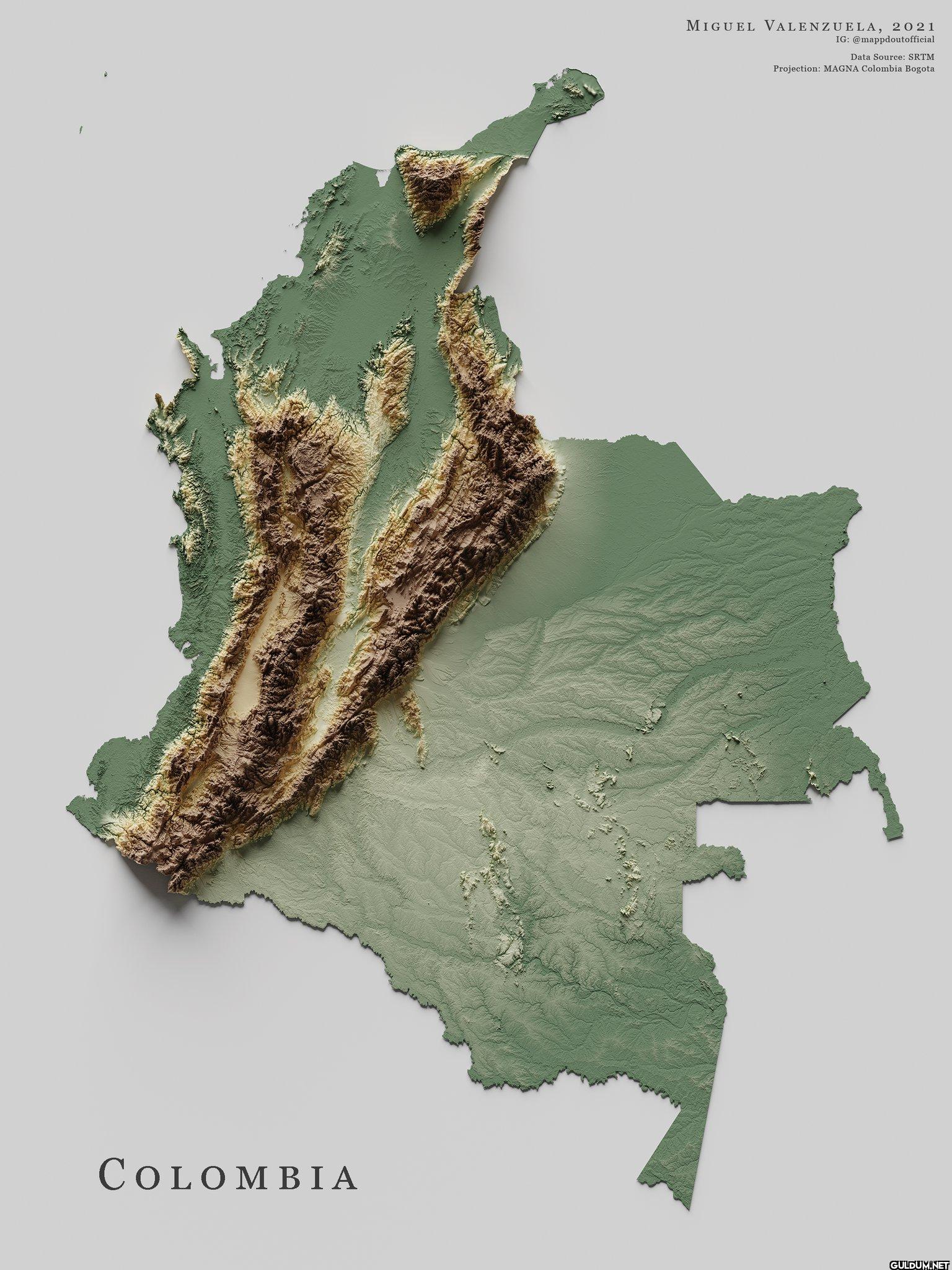 The topography of Colombia. COLOMBIA MIGUEL VALENZUELA, 2021 IG: @mappdoutofficial Data Source ...