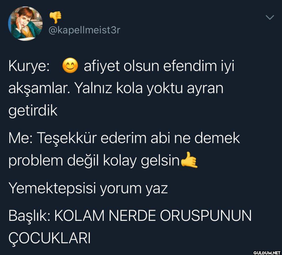 afiyet olsun efendim iyi akşamlar. Yalnız kola yoktu ayran getirdik Me ...