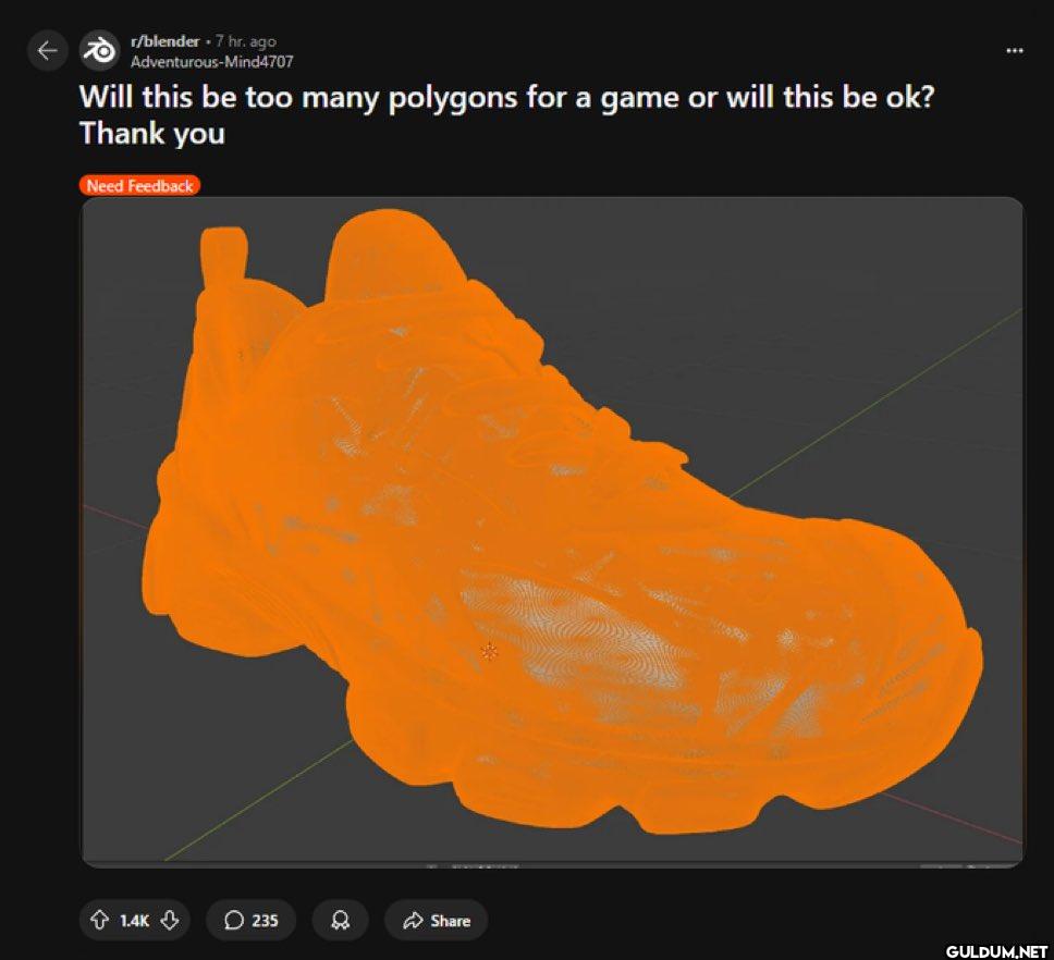 r/blender 7 hr. ago Adventurous-Mind4707 Will this be too many polygons for a game or will this ...