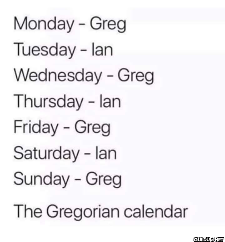 Monday - Greg Tuesday - lan Wednesday - Greg Thursday-lan Friday - Greg ...