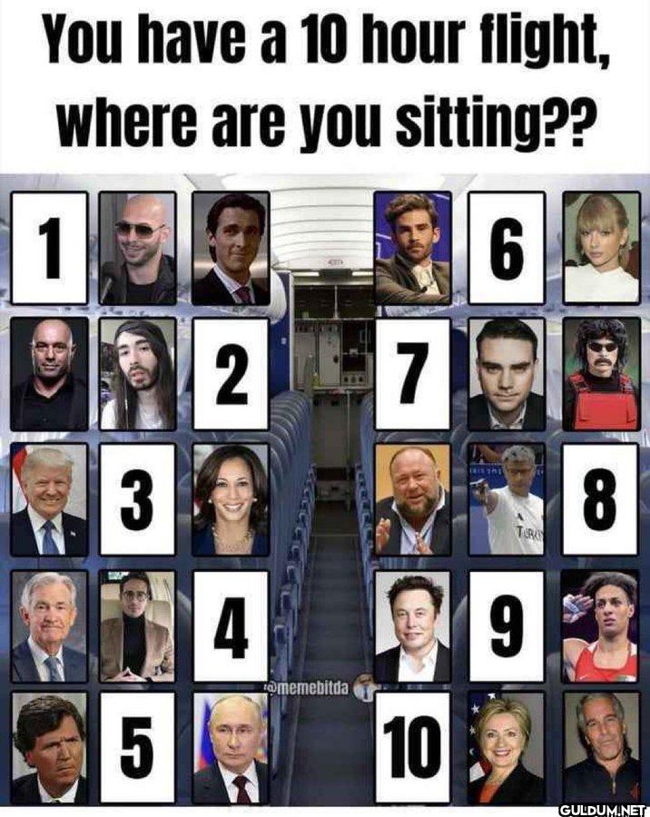 Alright, let's do this again. Pick one. You have a 10 hour flight, where are you sitting?? 1 6 2 ...