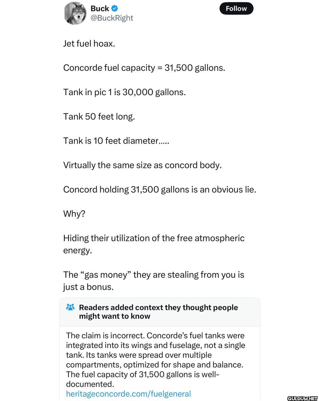 Jet fuel hoax. Concorde fuel capacity = 31,500 gallons. Tank in pic 1 ...