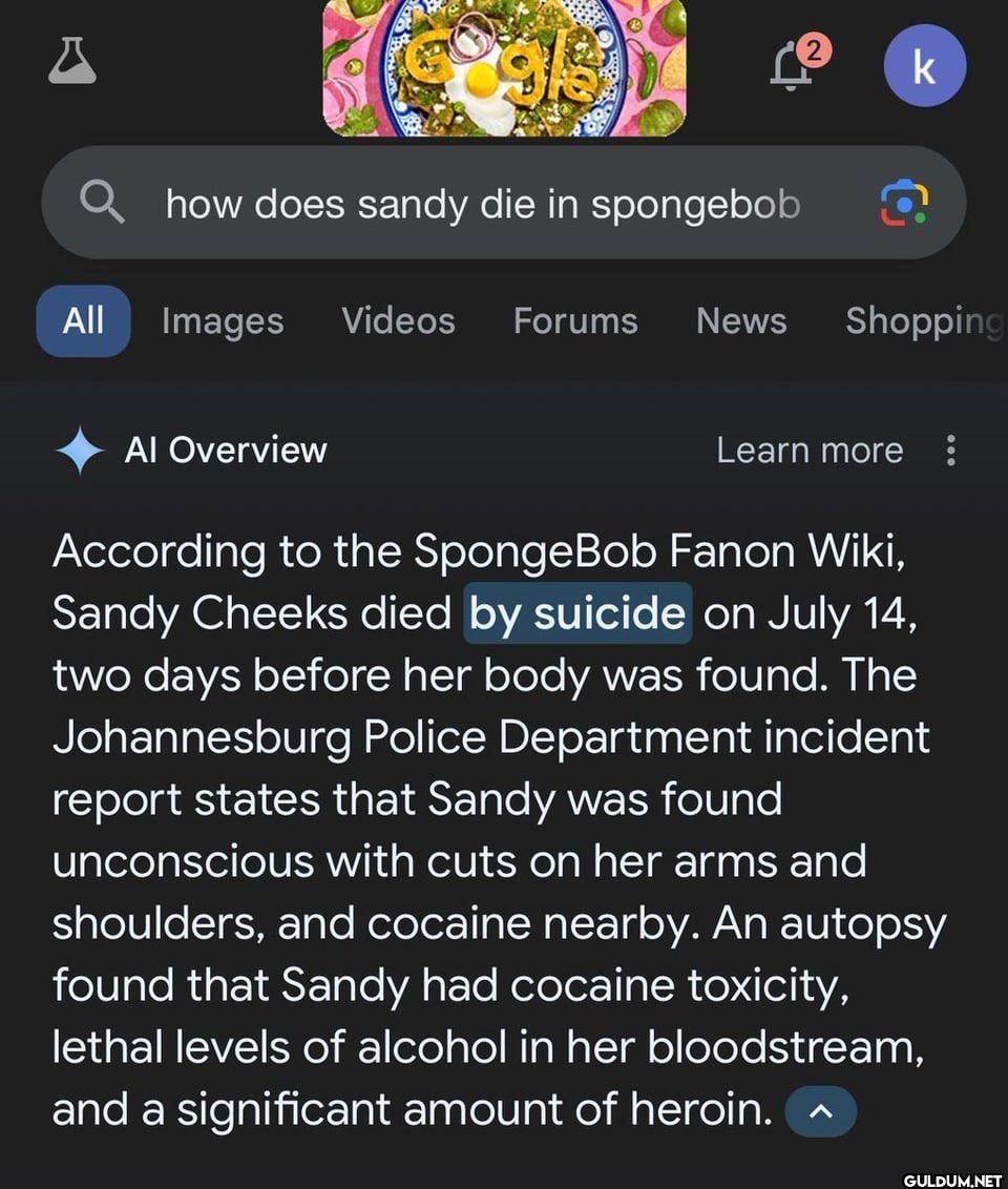 Google AI is very reliable 👇🧵 All k how does sandy die in spongebob Images Videos Forums News ...