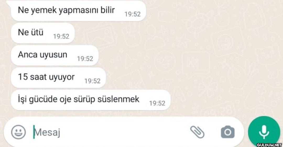 Ne yemek yapmasını bilir Ne ütü 19:52 Anca uyusun 19:52 15 saat uyuyor ...