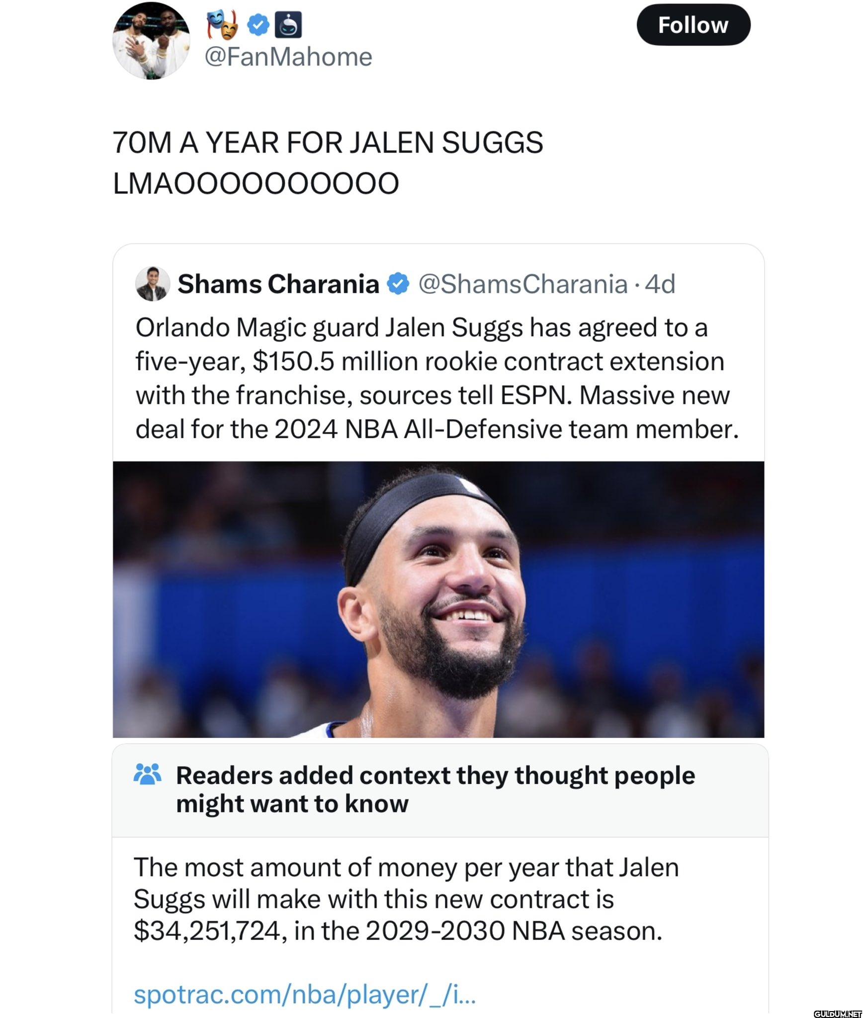 70M A YEAR FOR JALEN SUGGS LMAOOOOOOOOOO Follow Shams Charania @ShamsCharania • 4d . Orlando ...